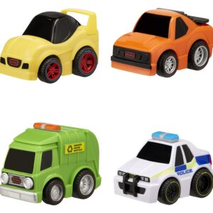 Little Tikes My First Cars Crazy Fast Cars 4-Pack Series 5 – Garbage Truck (Recycle), Race Car (Yellow), Muscle Car (Orange), Police Car (International), Pullback Toy Car Vehicles