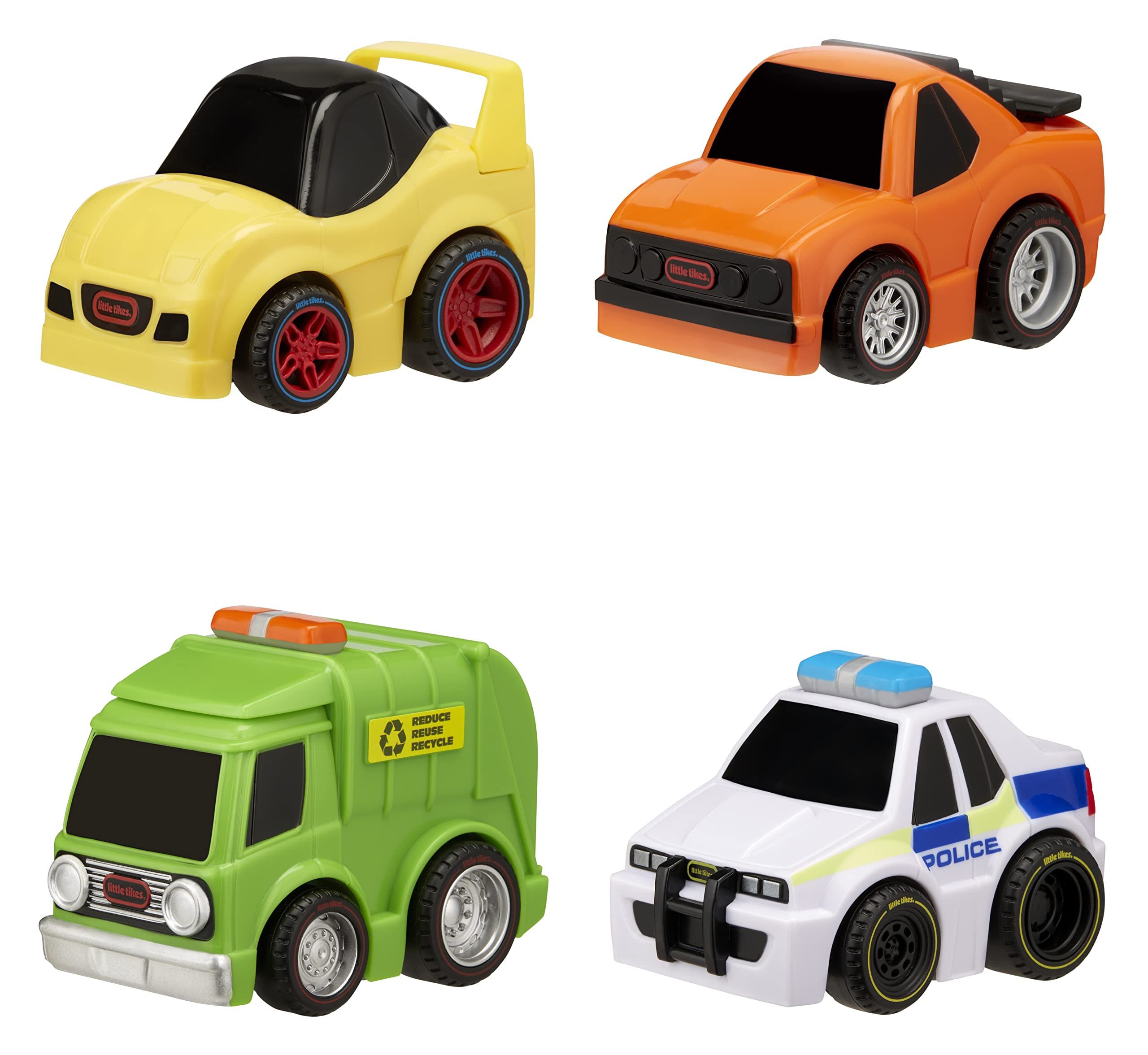 Little Tikes My First Cars Crazy Fast Cars 4-Pack Series 5 – Garbage Truck (Recycle), Race Car (Yellow), Muscle Car (Orange), Police Car (International), Pullback Toy Car Vehicles