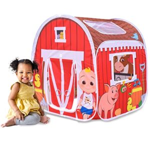 cocomelon old macdonald's musical barn pop up tent – easy to setup playhouse for kids | plays music, roll up door and mesh windows