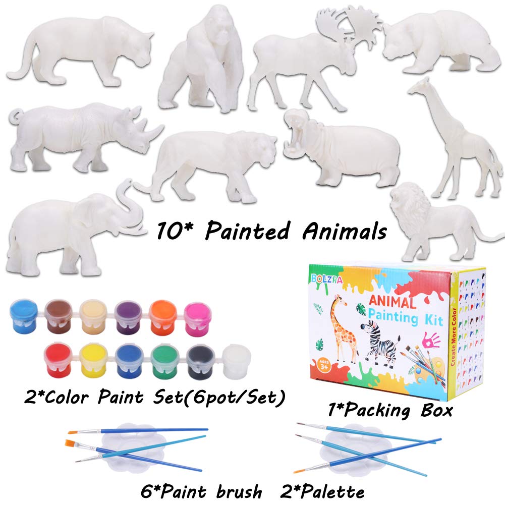 BOLZRA Safari Animals Painting Kit for Kids, 10Pcs Paintable Jungle Plastic Animal Figures, Paint Your Own Zoo Animals Figurine Creativity Toy DIY Crafts and Arts Supplies for Boys Girls Activities