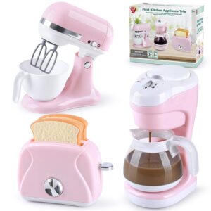 kitchen appliances toys, kids play kitchen accessories set, pretend kitchen toys for kids ages 4-8, coffee maker, mixer, toaster with realistic lights & sounds, gift for girls ages 3+