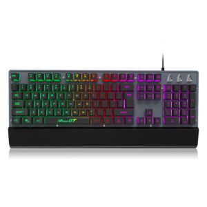 racegt gaming keyboard, rainbow backlit wired keyboard 104 keys full size with wrist rest, splash-proof design compatible for computer pc laptop xbox