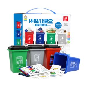 kisangel garbage cans model 1 set garbage classification model trash cans with lids mini curbside garbage trash bin(4 trash cans+ 108 card)