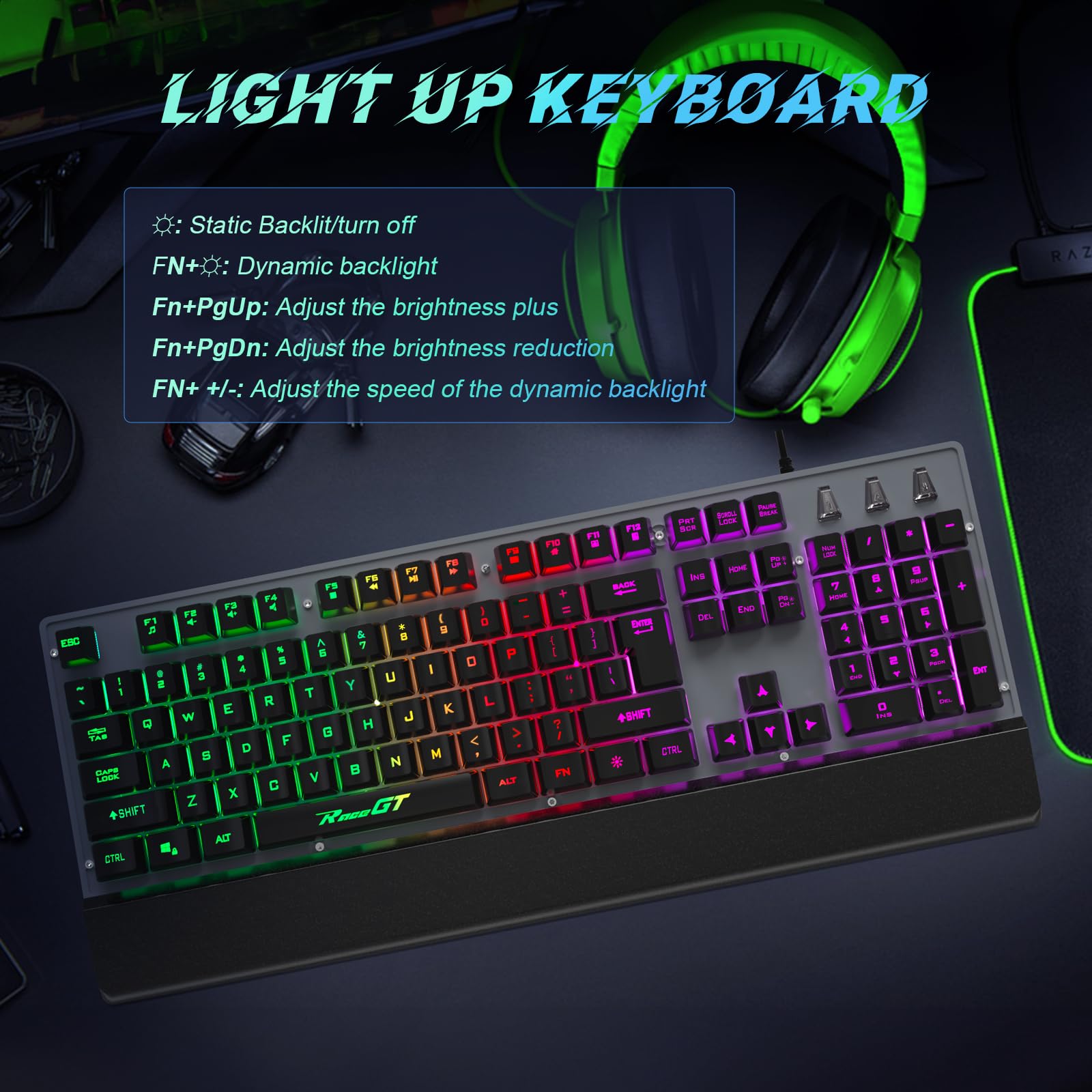 RaceGT Gaming Keyboard, Rainbow Backlit Wired Keyboard 104 Keys Full Size with Wrist Rest, Splash-Proof Design Compatible for Computer PC Laptop Xbox