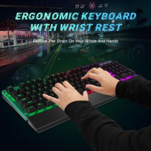 RaceGT Gaming Keyboard, Rainbow Backlit Wired Keyboard 104 Keys Full Size with Wrist Rest, Splash-Proof Design Compatible for Computer PC Laptop Xbox