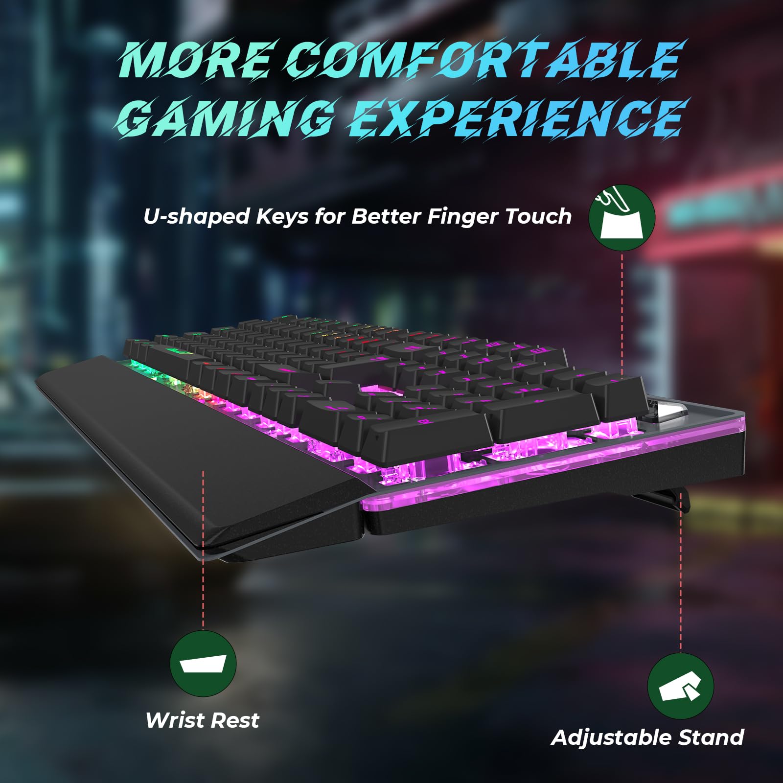 RaceGT Gaming Keyboard, Rainbow Backlit Wired Keyboard 104 Keys Full Size with Wrist Rest, Splash-Proof Design Compatible for Computer PC Laptop Xbox