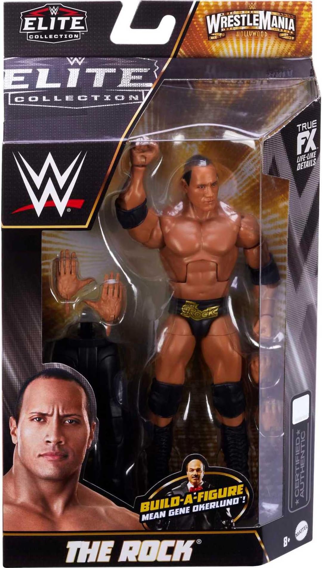 Mattel WWE The Rock WrestleMania Elite Collection Action Figure with Accessory & "Mean" Gene Okerlund Build-A-Figure Parts, 6-inch