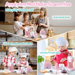 Kitchen Appliances Toys, Kids Play Kitchen Accessories Set, Pretend Kitchen Toys for Kids Ages 4-8, Coffee Maker, Mixer, Toaster with Realistic Lights & Sounds, Gift for Girls Ages 3+