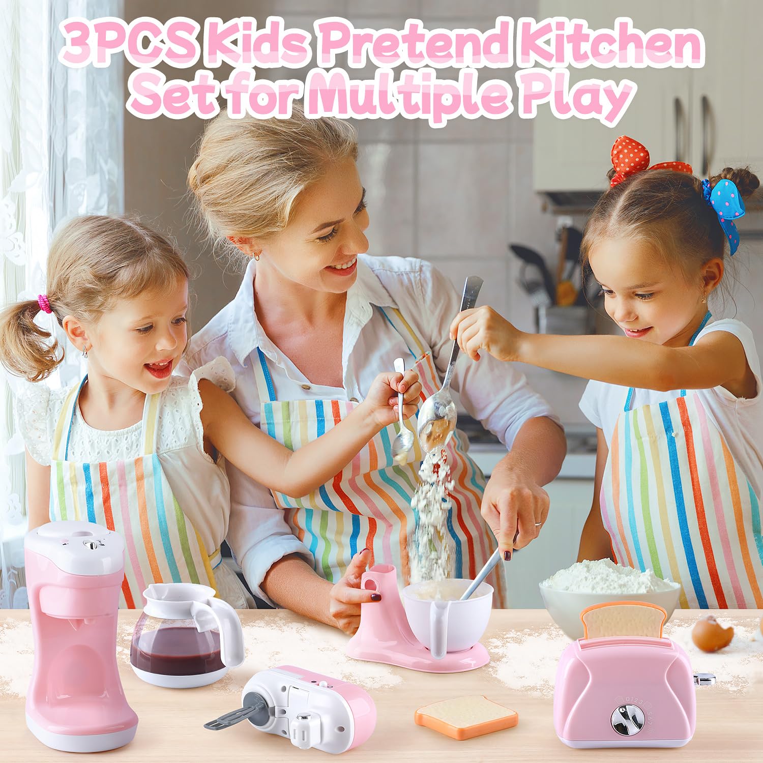 Kitchen Appliances Toys, Kids Play Kitchen Accessories Set, Pretend Kitchen Toys for Kids Ages 4-8, Coffee Maker, Mixer, Toaster with Realistic Lights & Sounds, Gift for Girls Ages 3+