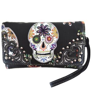 sugar skull day of the dead cross bone studs punk gothic art rivet studded women wristlet trifold wallet (#3 black)