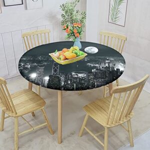 XISUNYA Modern Round Fitted Tablecloth,Aerial View of Hong Kong Print Elastic Edged Polyester Table Pad, XXLarge, Fit Round Tables up 65"-71" Diameter, for Kitchen Dining Party Holiday Spring Summer