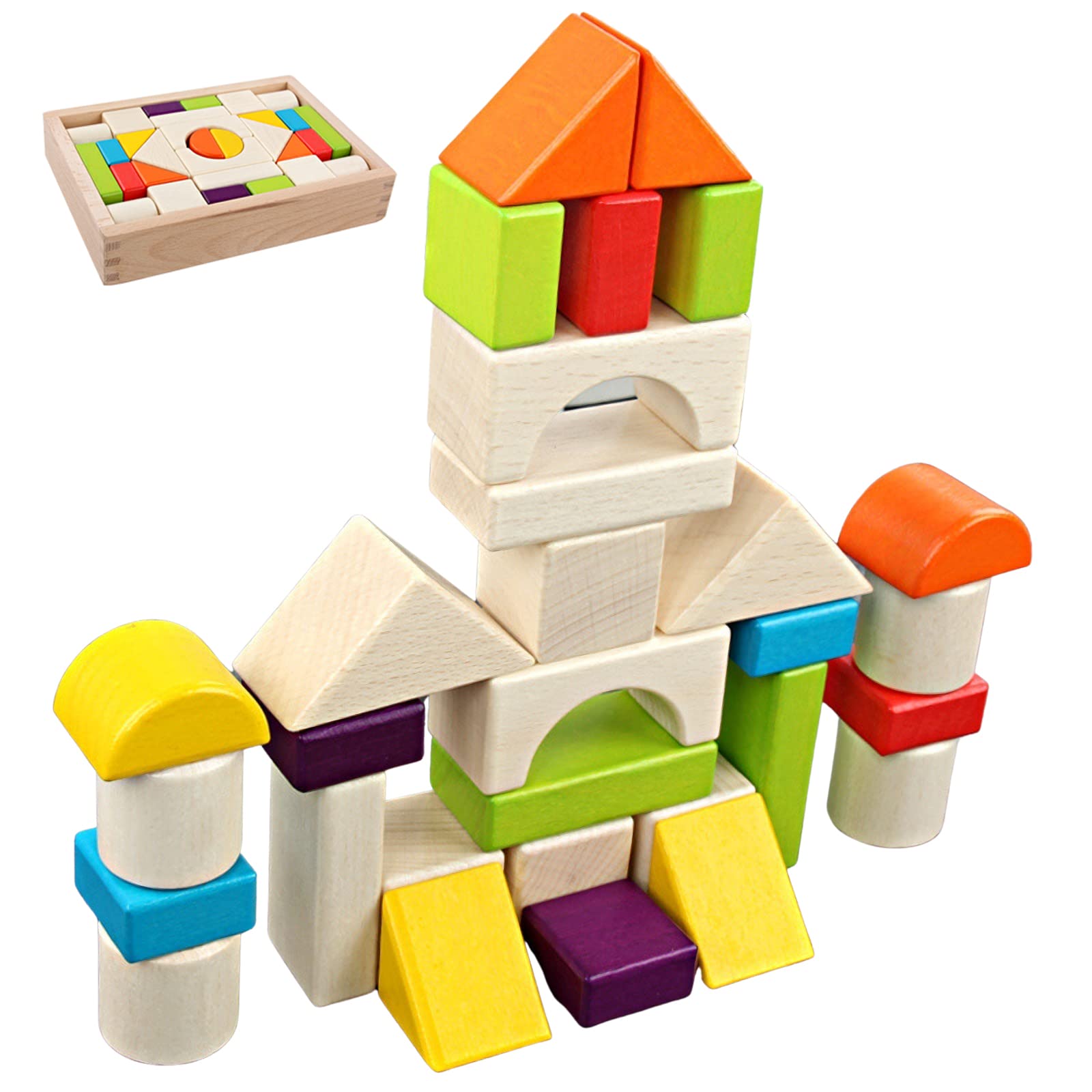 Toddler Wooden Building Block Toys Stacking Blocks Set Educational Preschool Learning Montessori Toy for Kids Age 3 4 5 6 7 8 Year Old Boy and Girl Gift 30 PCS