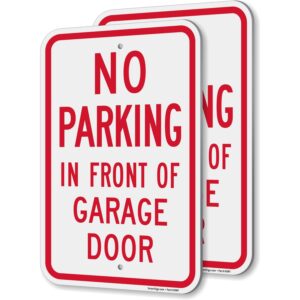 smartsign no parking in front of garage door sign - 2 pack, 18 x 12 inch, 2mm aluminum composite, pre-drilled holes, red and white, made in usa