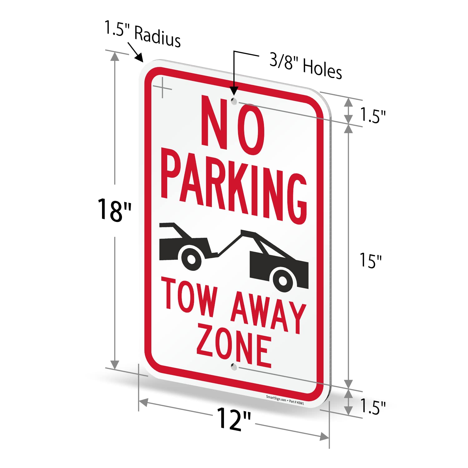 SmartSign No Parking Tow Away Zone Sign - 2 Pack,18 x 12 inch, 2mm Thick Aluminum Composite, Pre-Drilled Holes, Black/Red on White, Made in USA