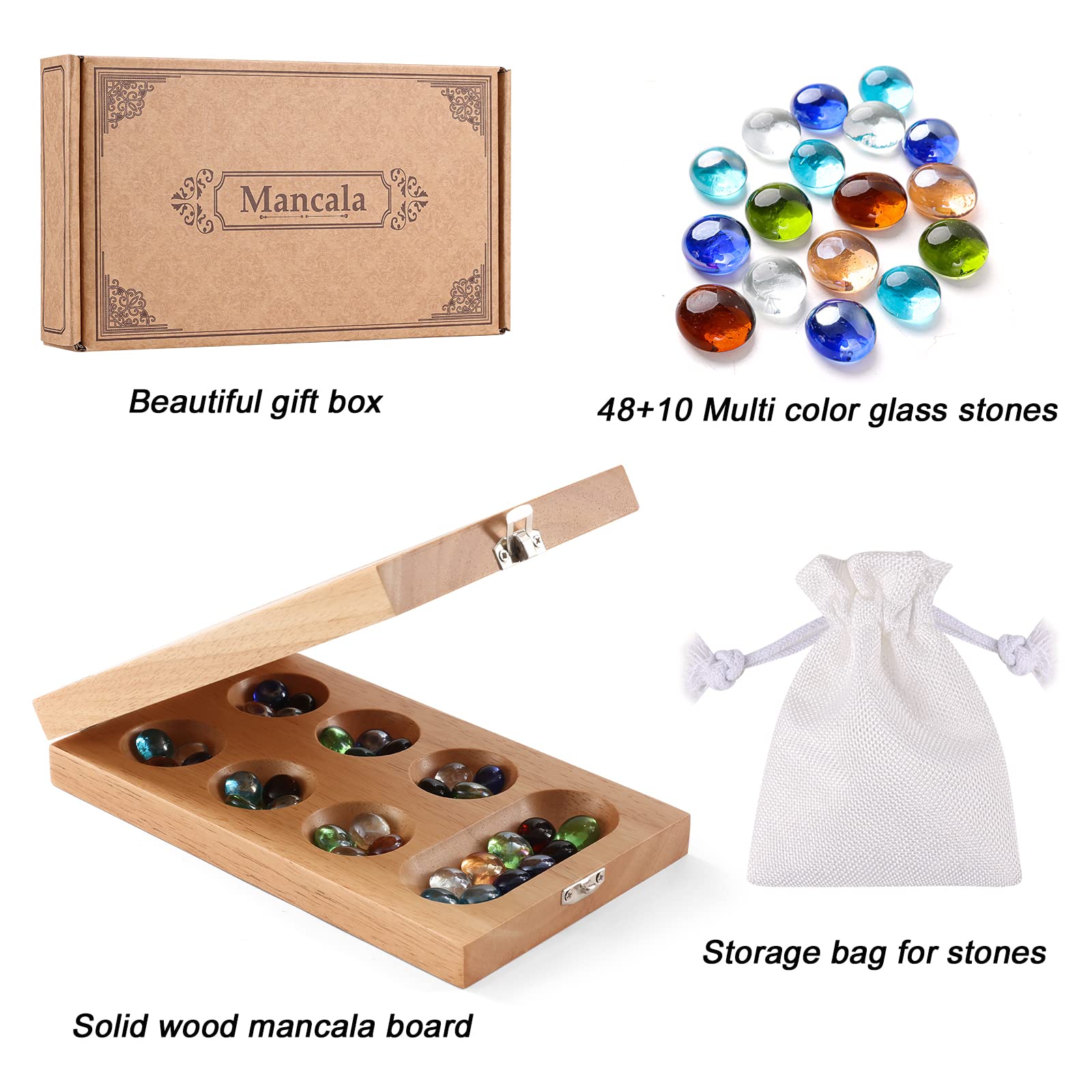 Ceebyfa Mancala Board Game for Kids, Adults & Family. Includes Folding Rubber Wood Board, 48+10 Mancala Stones & Instruction. Classic & Portable Marble Game for Travel.(Natural Color)