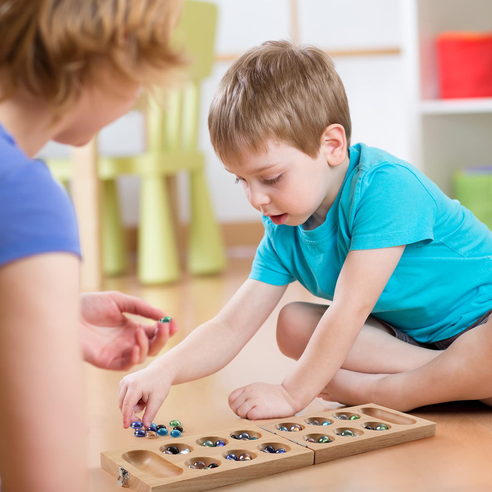 Ceebyfa Mancala Board Game for Kids, Adults & Family. Includes Folding Rubber Wood Board, 48+10 Mancala Stones & Instruction. Classic & Portable Marble Game for Travel.(Natural Color)