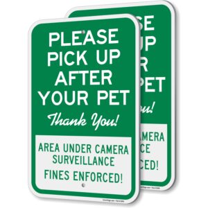 smartsign please pick up after your pet sign - 2 pack, area under surveillance sign, 18 x 12 inch, 2mm thick aluminum composite, green and white, made in usa