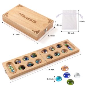 Ceebyfa Mancala Board Game for Kids, Adults & Family. Includes Folding Rubber Wood Board, 48+10 Mancala Stones & Instruction. Classic & Portable Marble Game for Travel.(Natural Color)