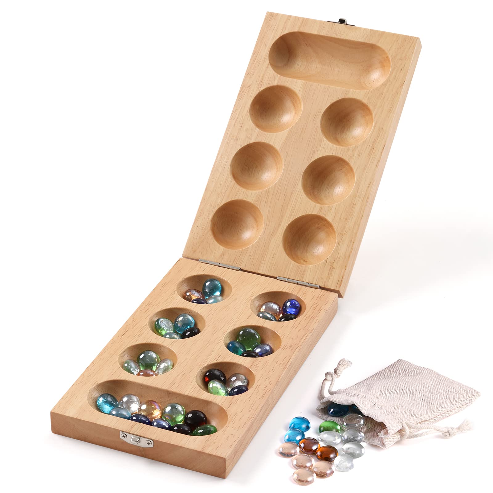 Ceebyfa Mancala Board Game for Kids, Adults & Family. Includes Folding Rubber Wood Board, 48+10 Mancala Stones & Instruction. Classic & Portable Marble Game for Travel.(Natural Color)