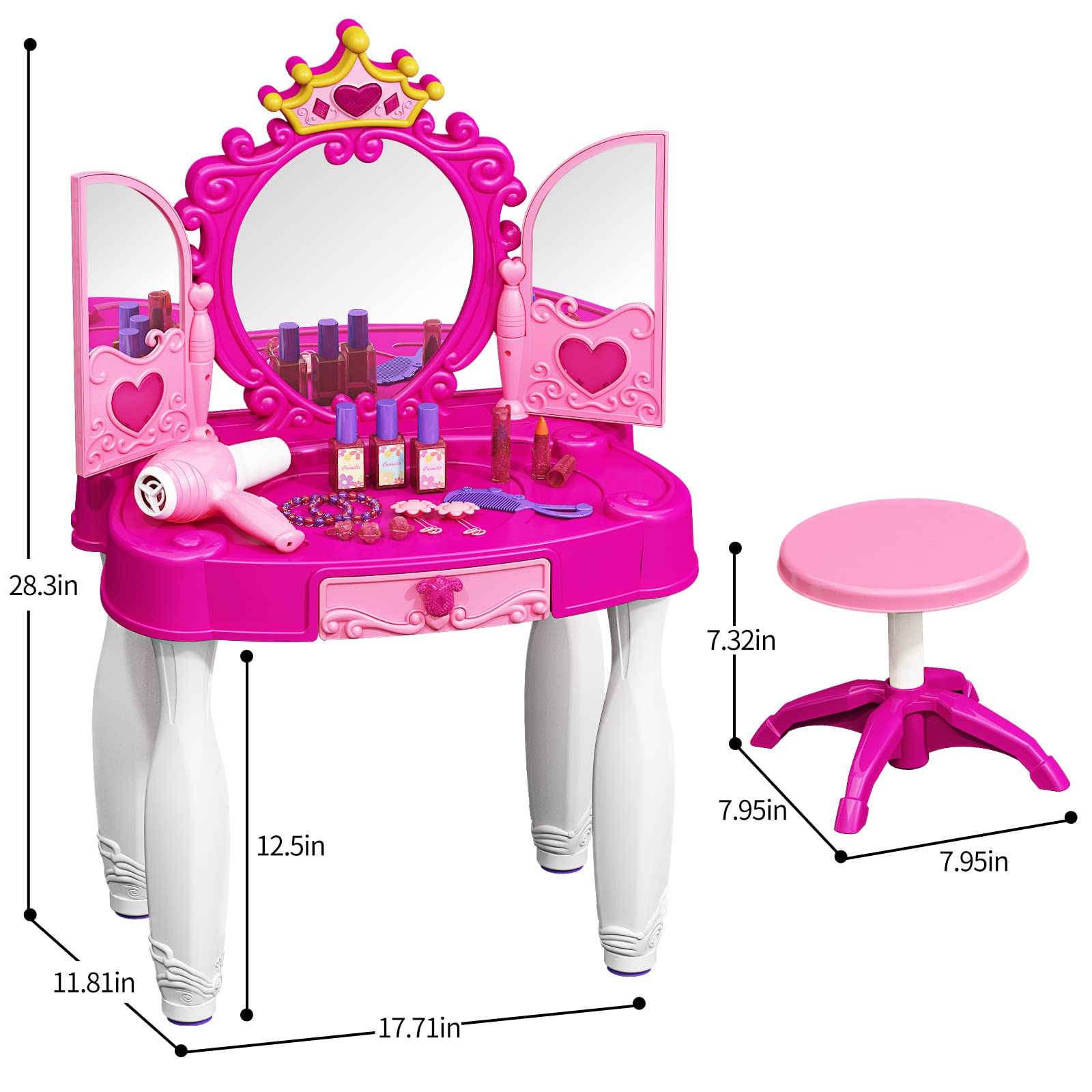 Eohemeral Toddler Makeup Table with Mirror and Chair, Kids Makeup Vanity Set with Accessories and Lights and Music Sound for Girls, Toddlers 3-5 Years Old