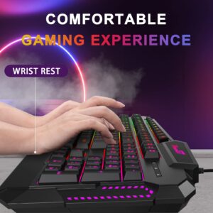 RaceGT Gaming Keyboard,114 Keys Full Size Wired LED Backlit with Dedicated Multimedia Keys Wrist Rest Mechanical Feeling Keybaord Compatible for Computer PC Laptop Xbox