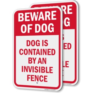 smartsign dog contained by invisible fence sign - 2 pack, beware of dog sign, 18 x 12 inch, 2mm aluminum composite, red and white, made in usa