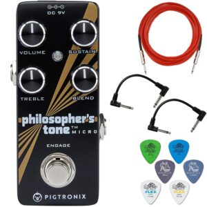 pigtronix philospher's tone optical compressor pedal - bundle with instrument cable, 2 patch cables, and 6 dunlop picks