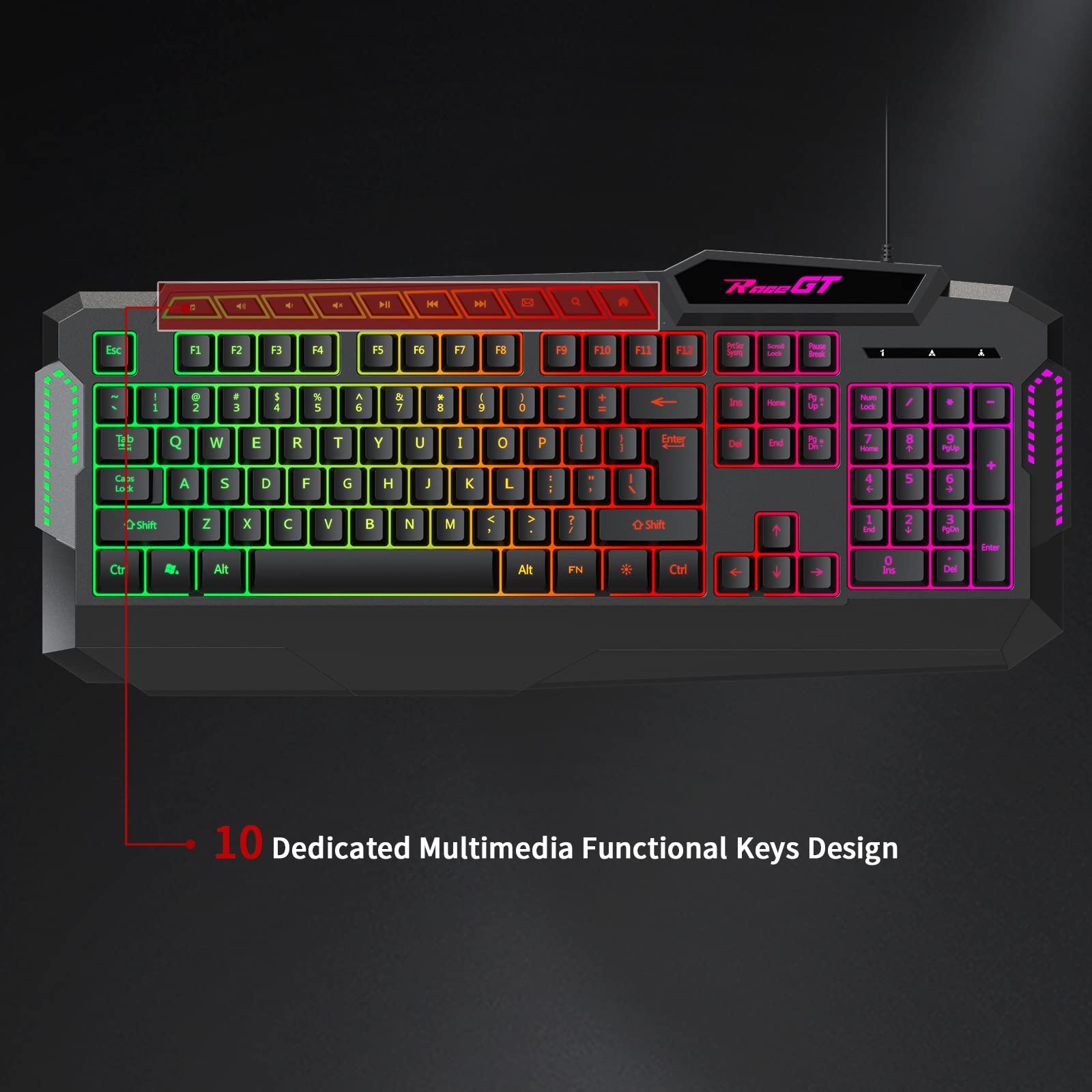 RaceGT Gaming Keyboard,114 Keys Full Size Wired LED Backlit with Dedicated Multimedia Keys Wrist Rest Mechanical Feeling Keybaord Compatible for Computer PC Laptop Xbox