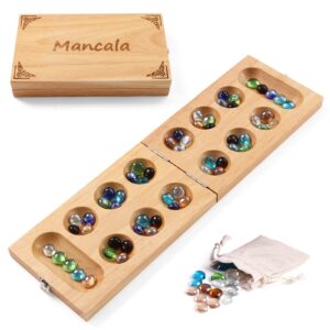 ceebyfa mancala board game for kids, adults & family. includes folding rubber wood board, 48+10 mancala stones & instruction. classic & portable marble game for travel.(natural color)