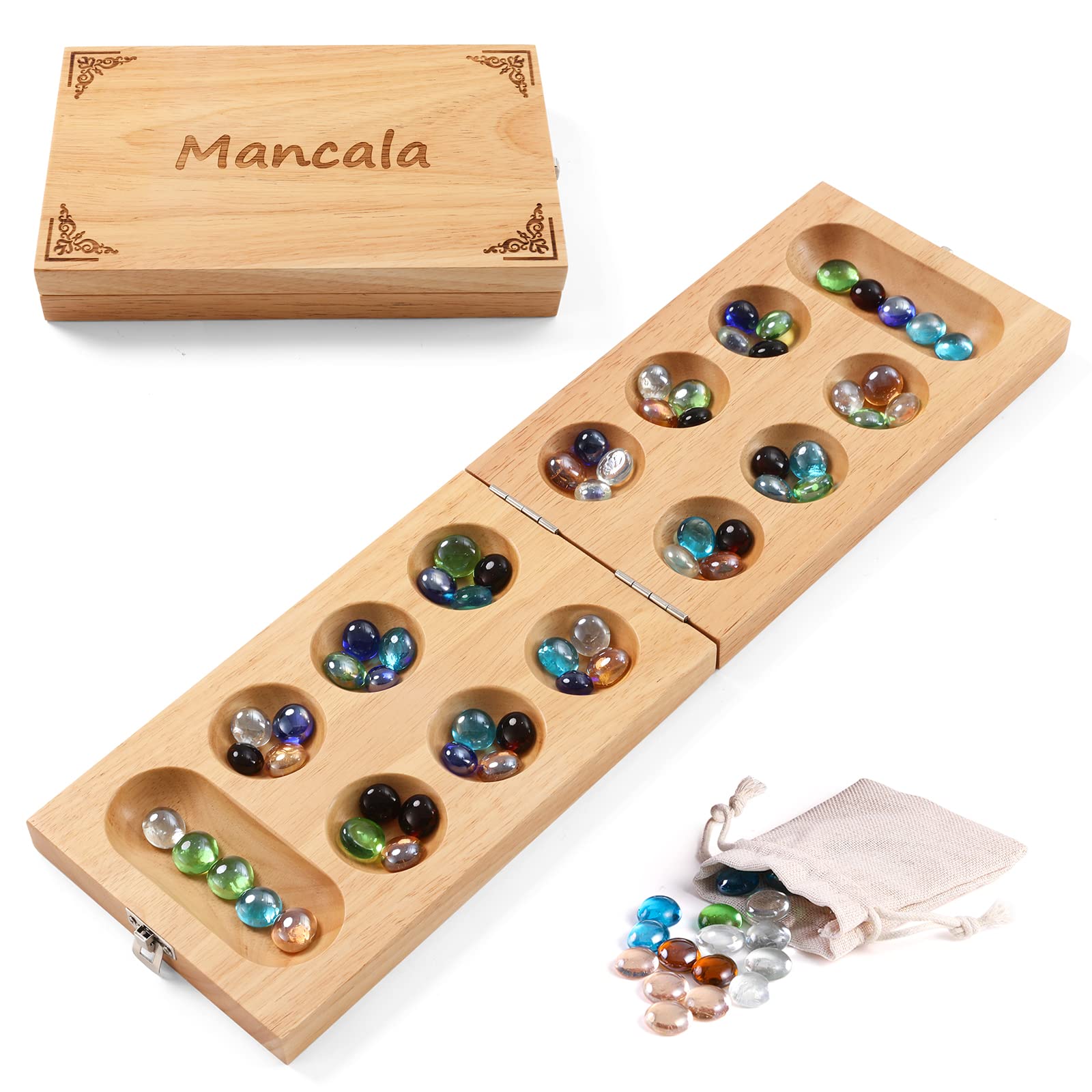 Ceebyfa Mancala Board Game for Kids, Adults & Family. Includes Folding Rubber Wood Board, 48+10 Mancala Stones & Instruction. Classic & Portable Marble Game for Travel.(Natural Color)