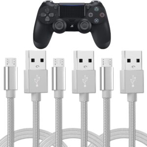 talk works playstation 4 controller charging cable micro usb - 6' long braided heavy duty fast charger cord for ps4 (silver, pack of 3) (14094)