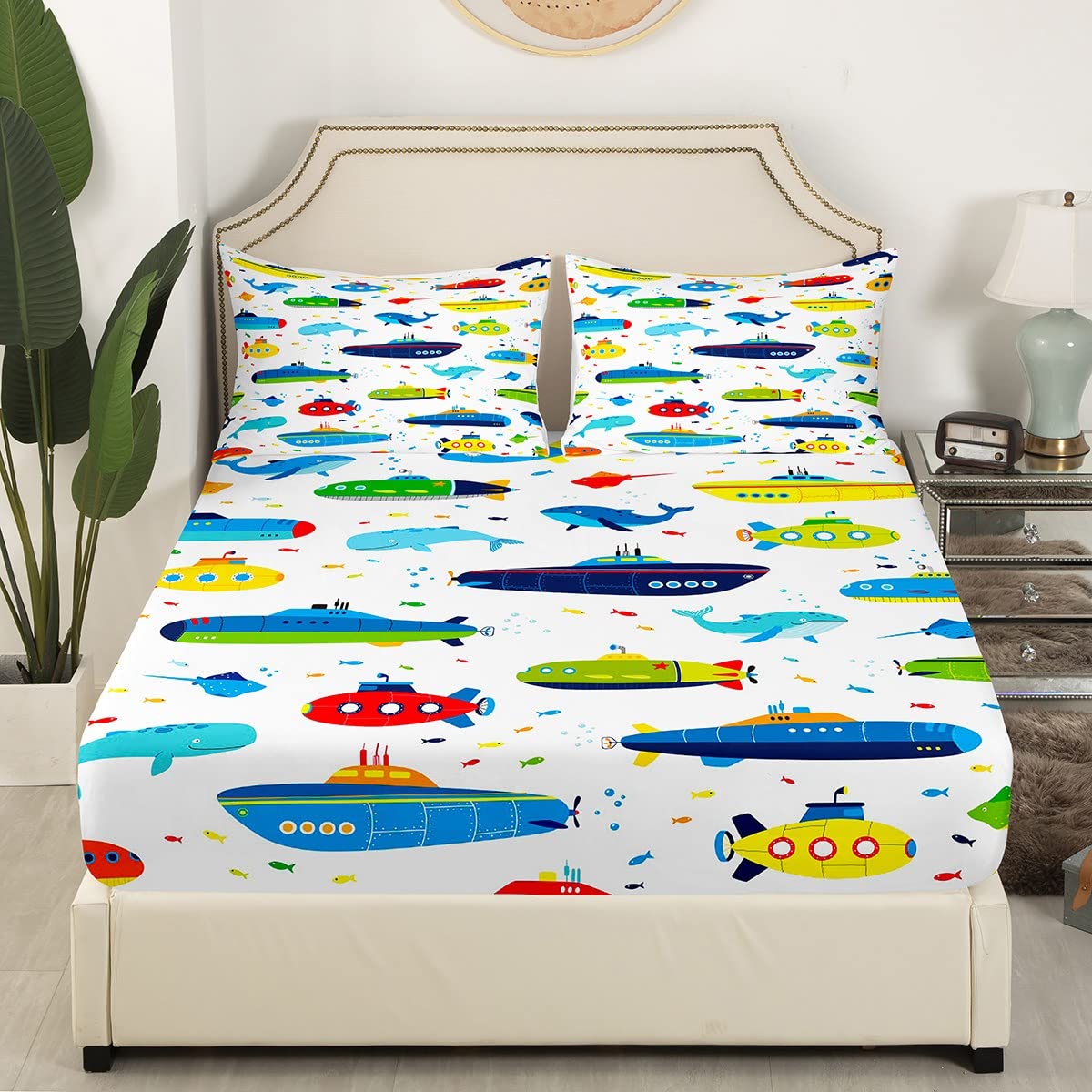 Submarines Bedding Set Twin Size Dolphin and Whale Bed Set for Girls Teens Bedroom Decor Kids Underwater World Fitted Sheet Soft Microfiber Ocean Theme Bed Cover(1 Fitted Sheet+1 Pillow Case)