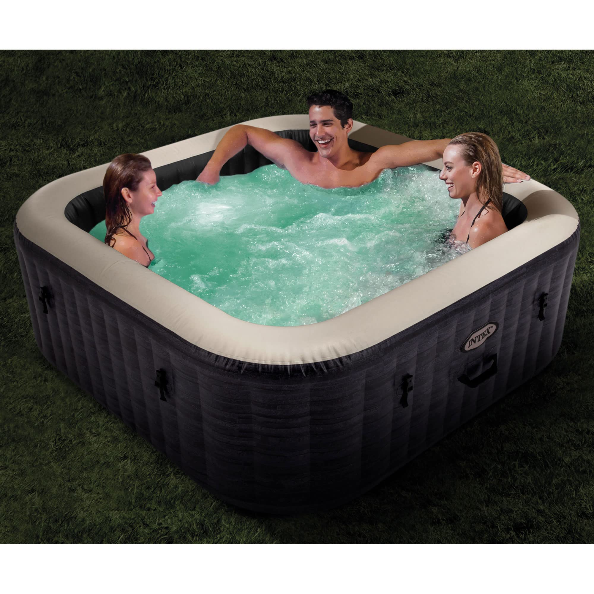 Intex PureSpa Plus Greystone Inflatable Square Outdoor Hot Tub Spa, 74 x 28 with PureSpa Maintenance Accessory Brush, Skimmer, and Scrubber Kit