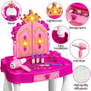 Eohemeral Toddler Makeup Table with Mirror and Chair, Kids Makeup Vanity Set with Accessories and Lights and Music Sound for Girls, Toddlers 3-5 Years Old