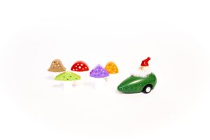 gnome and mushroom 6 piece bowling game by jack rabbit creations – pull-back car and garden mushroom stacking pins – classic wooden toy – develops hand eye coordination & motor skills - ages 3+ years