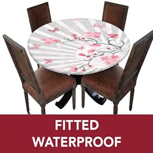 Nature Round Fitted Tablecloth with Elastic Edge,Cherry Blooming Butterflies on Stripes Print Polyester Table Cloth, XXLarge, Fit Round Tables up 65"-71" Diameter, for Kitchen Dining Party Holiday