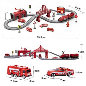 Train Sets for Boys 4-7, 66 Pcs Battery Operated Train Set with Tracks(Magnetic Connection), Compatible with Thomas, Brio, Chuggington, Gifts for 3 4 5 6 Years Old (66pcs Fire Truck)