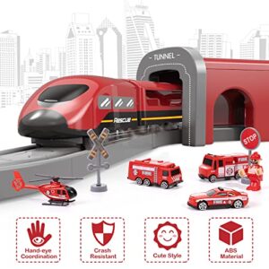 Train Sets for Boys 4-7, 66 Pcs Battery Operated Train Set with Tracks(Magnetic Connection), Compatible with Thomas, Brio, Chuggington, Gifts for 3 4 5 6 Years Old (66pcs Fire Truck)