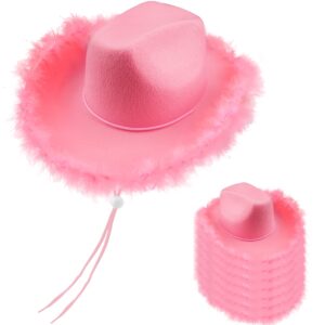 rcanedny 8 pack cowboy hats feather western cowgirl hats with adjustable neck draw string for women adults birthday halloween cowboy party pack (pink)