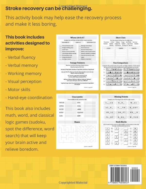 Stroke Recovery Activity Book - Strokes and Other Traumatic Brain Injury workbook: With Stroke Recovery Games and Puzzles for Stroke Patients. The ... book. Great as gifts for stroke recovery.