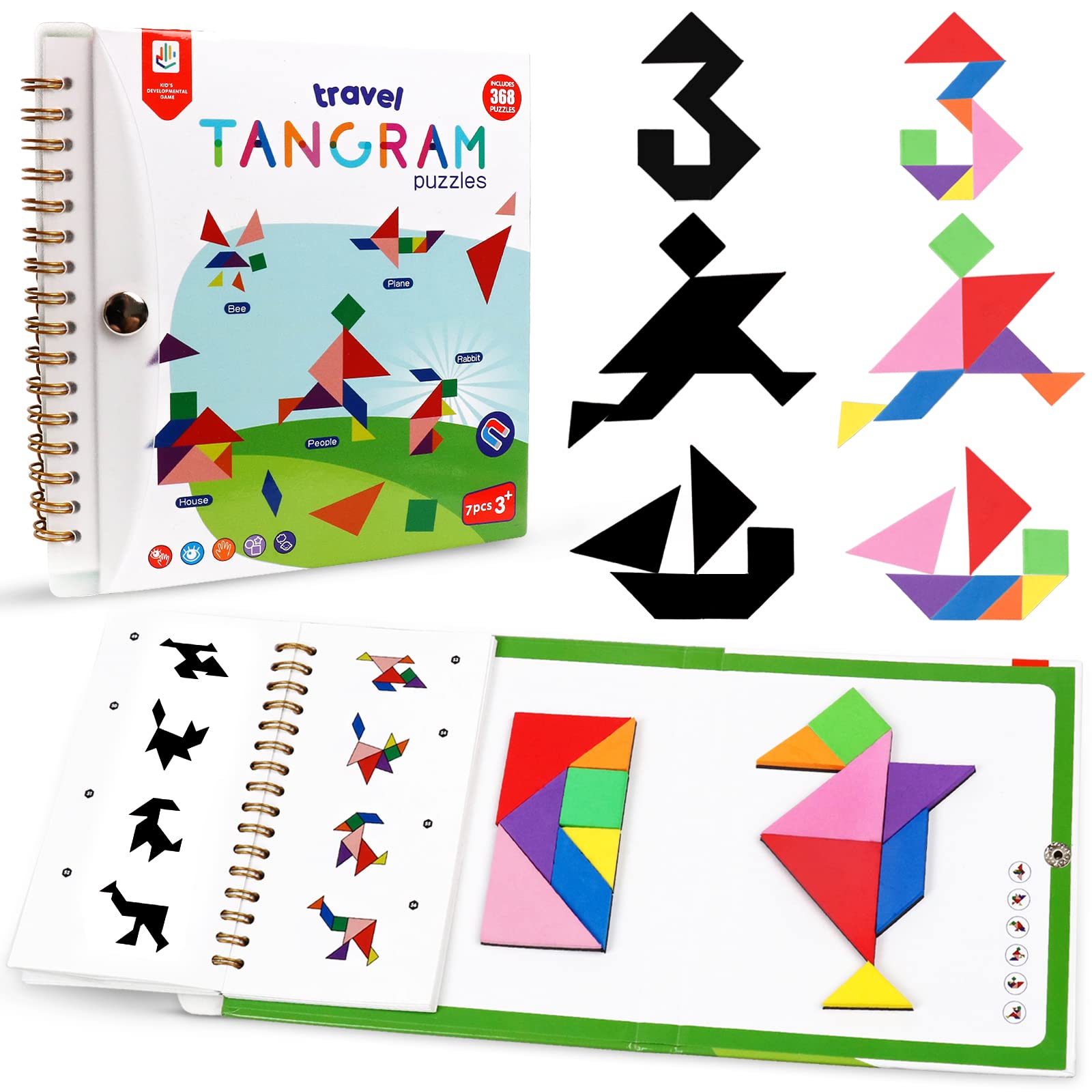 Travel Tangram Puzzle Car Game Magnetic Pattern Blocks Road Airplane Trip Essentials Activities Montessori Educational Toys Brain Teasers Book for Age 4-8 Kids Boys Girls Toddler (368 Solution)