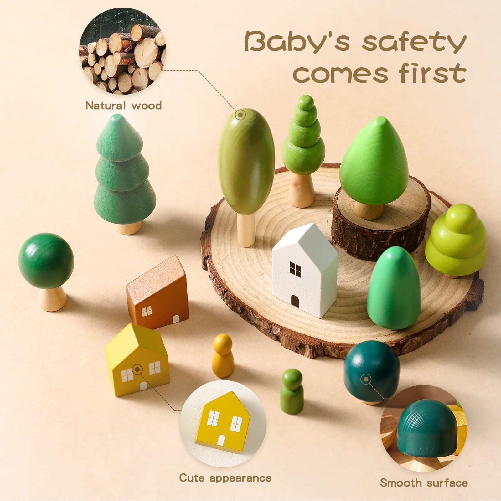 Promise Babe Wooden Tree Toys - Montessori Wooden Blocks Stacking Toys for Toddlers, Miniature Trees & House Various Sizes Woodland Creative Craft Home Decor