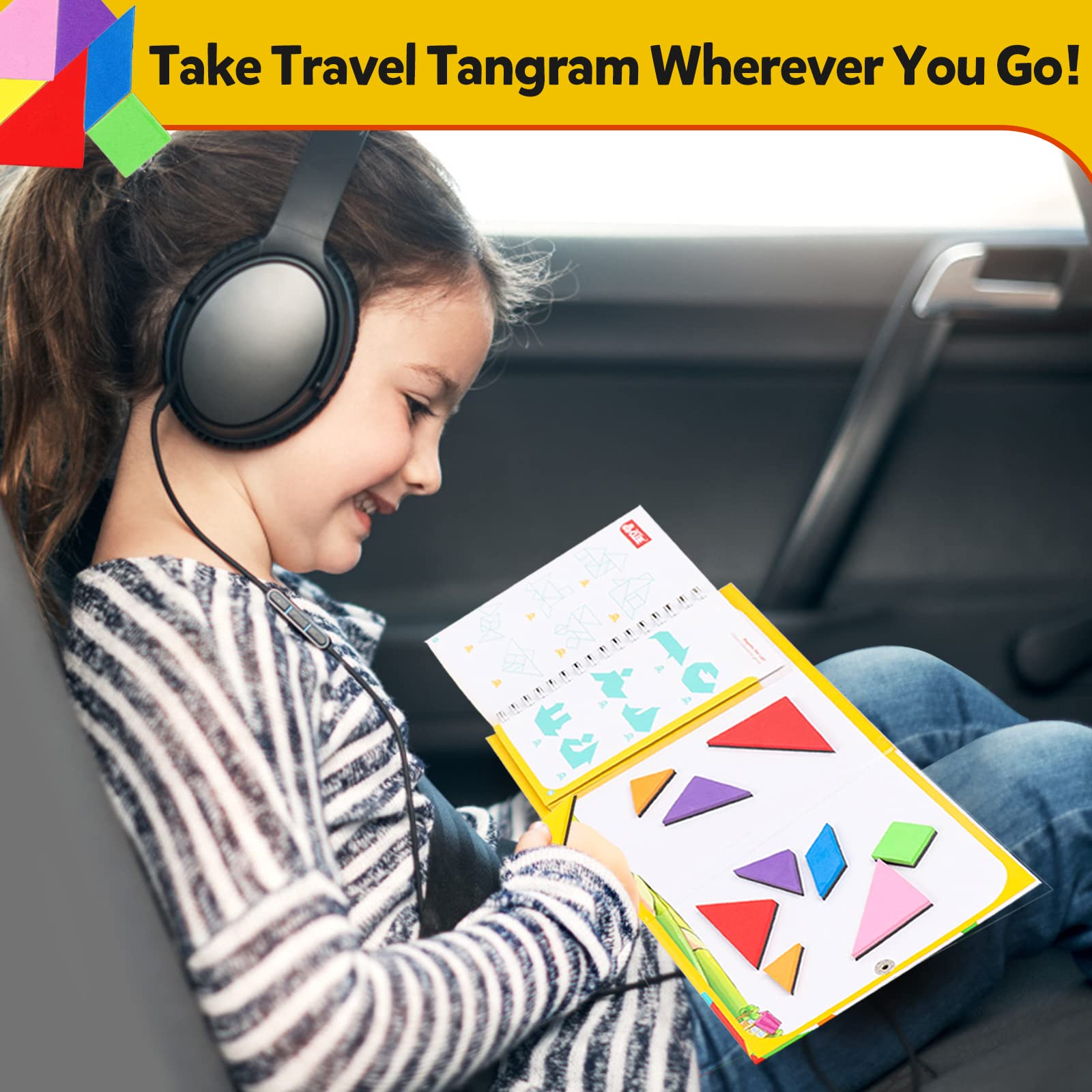 Travel Tangram Puzzle Car Game Magnetic Pattern Blocks Road Airplane Trip Essentials Activities Montessori Educational Toys Brain Teasers Book for Age 4-8 Kids Boys Girls Toddler (240 Solution)