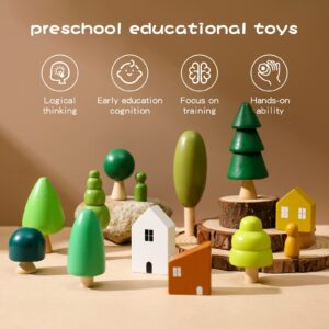 Promise Babe Wooden Tree Toys - Montessori Wooden Blocks Stacking Toys for Toddlers, Miniature Trees & House Various Sizes Woodland Creative Craft Home Decor