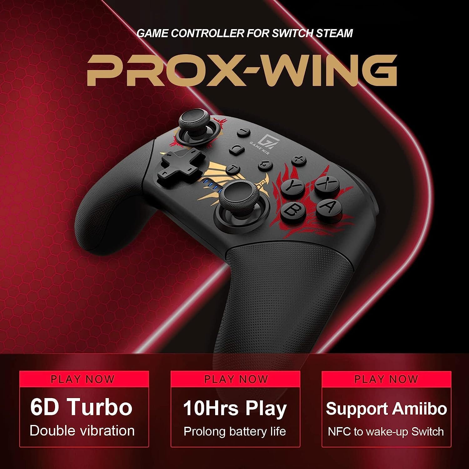 GAME'NIR WING PATTERN Wireless Switch Controller Support NFC Amiibo, Ergonomic Switch Pro Controller for Switch/Switch Lite/Switch OLED with Dual Motor, Gyro Axis, Turbo Function, 5 Level Vibration