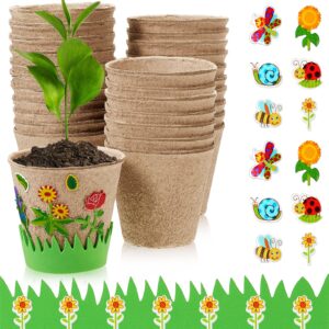 gueevin 50 pack garden paper pot craft kit flower plant spring craft including peat plant pots adhesive foam stickers pot stickers eva grass for kids diy craft flower planting growing