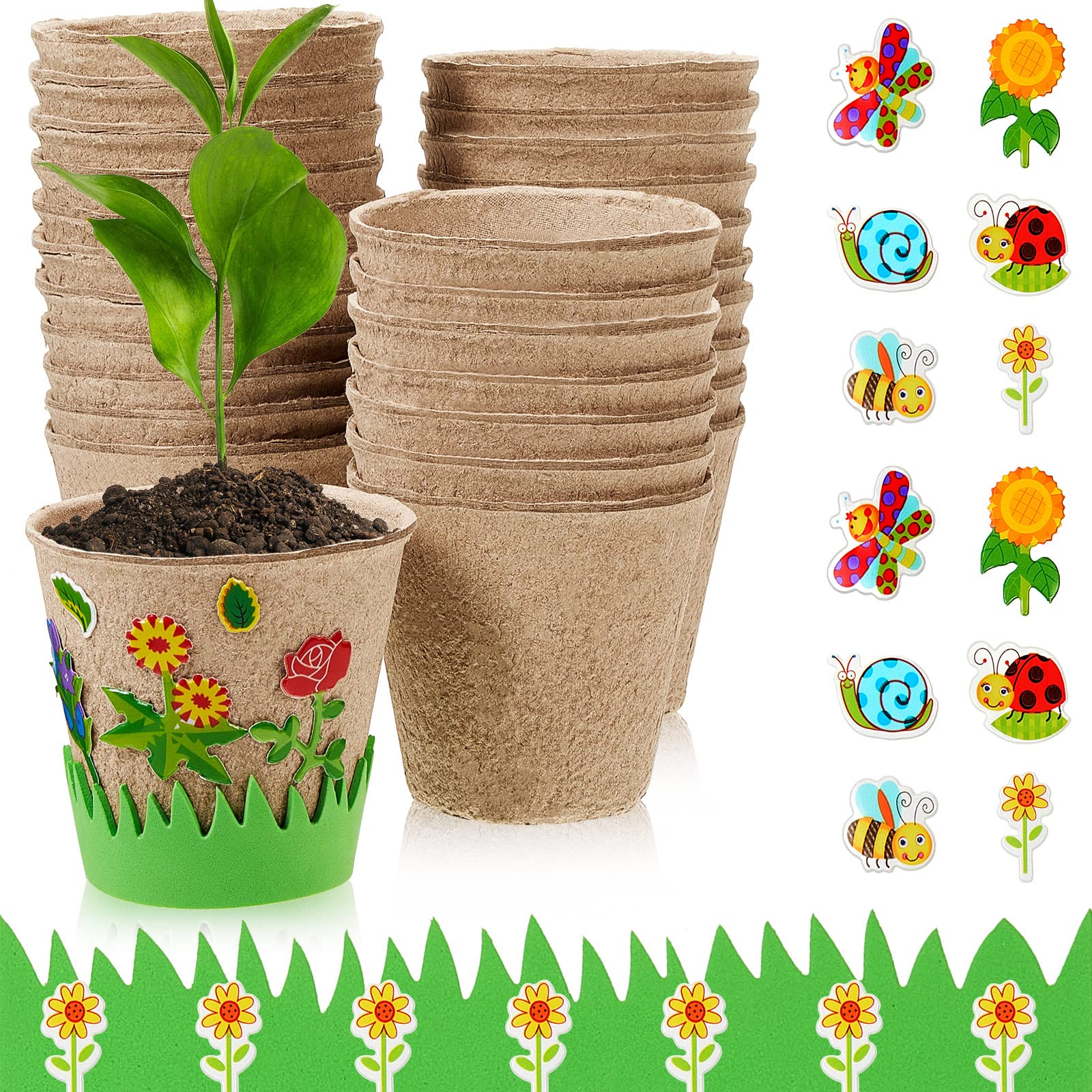 Gueevin 50 Pack Garden Paper Pot Craft Kit Flower Plant Spring Craft Including Peat Plant Pots Adhesive Foam Stickers Pot Stickers EVA Grass for Kids DIY Craft Flower Planting Growing