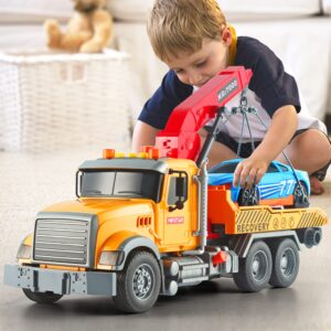 dwi dowellin kids toys for 3 4 5 6 7 years old boys, 15" large tow truck toy,friction powered transport truck crane toy with lights and sounds,with roadster,toddlers gifts