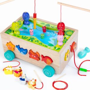 montessori wooden shape sorter toys for toddlers, multifunctional magnetic fishing car with animal blocks & fishing game, preschool baby gift, fine motor skills toys for 1-3 year old boys girls