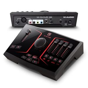 m-game solo usb audio interface mixer for streaming and gaming with xlr microphone in, optical in, voice fx, sampler, lights and software